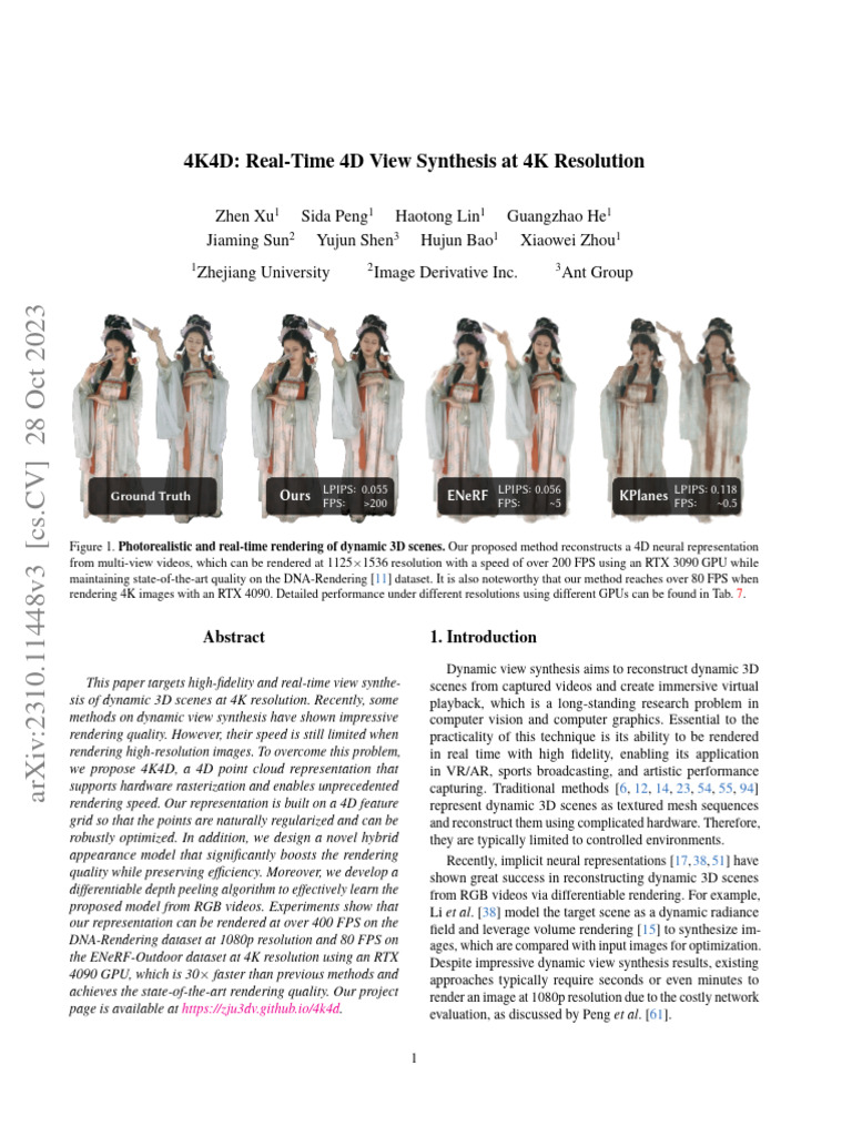 Xu 等 - 2023 - 4K4D Real-Time 4D View Synthesis at 4K Resolution | PDF | Rendering (Computer ...