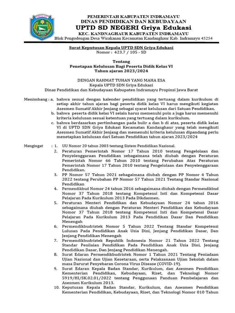 Contoh SK Penetapan Kelulusan 2024 | PDF Contoh SK Penetapan Kelulusan 2024 | PDF