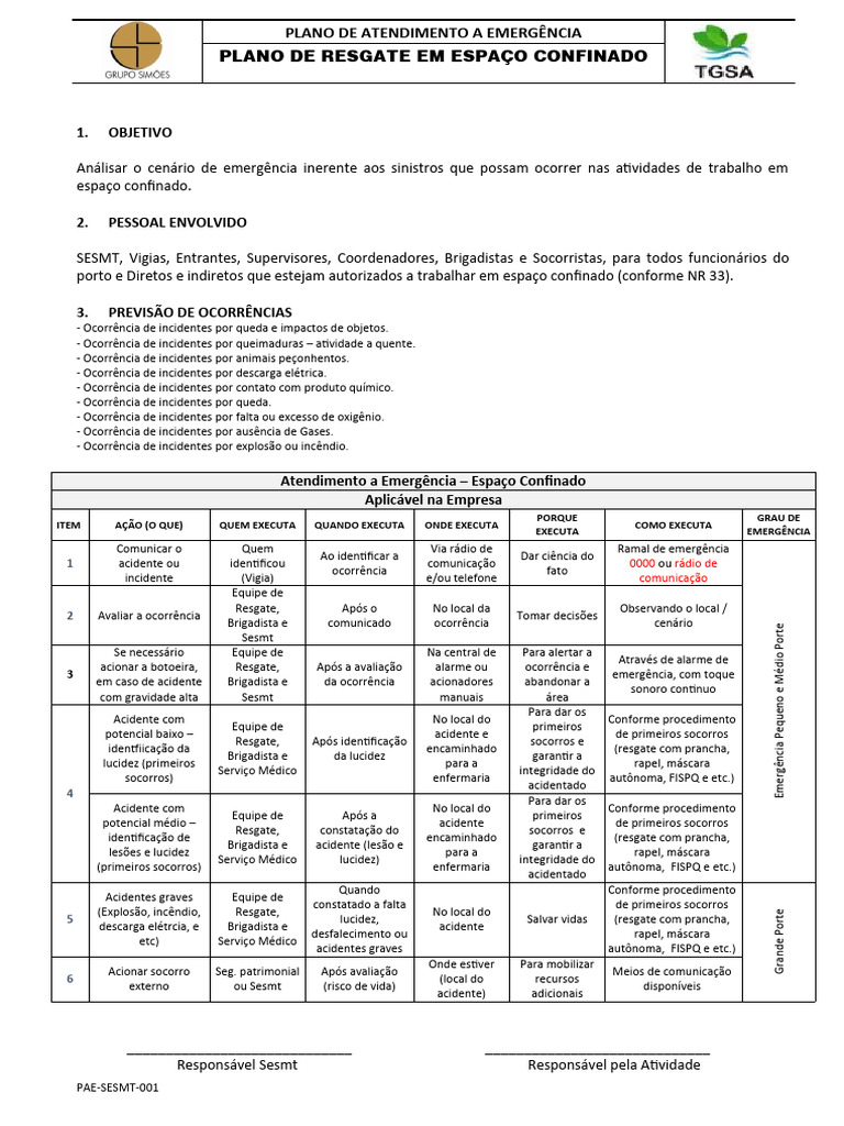 PAE-SESMT-001 - Plano de Resgate em Espaço Confinado - REV 00 | PDF ...
