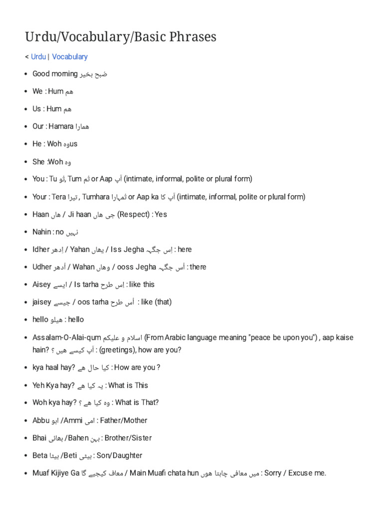 Urdu - Vocabulary - Basic Phrases - Wikibooks, Open Books For An Open ... Urdu - Vocabulary - Basic Phrases - Wikibooks, Open Books For An Open ...