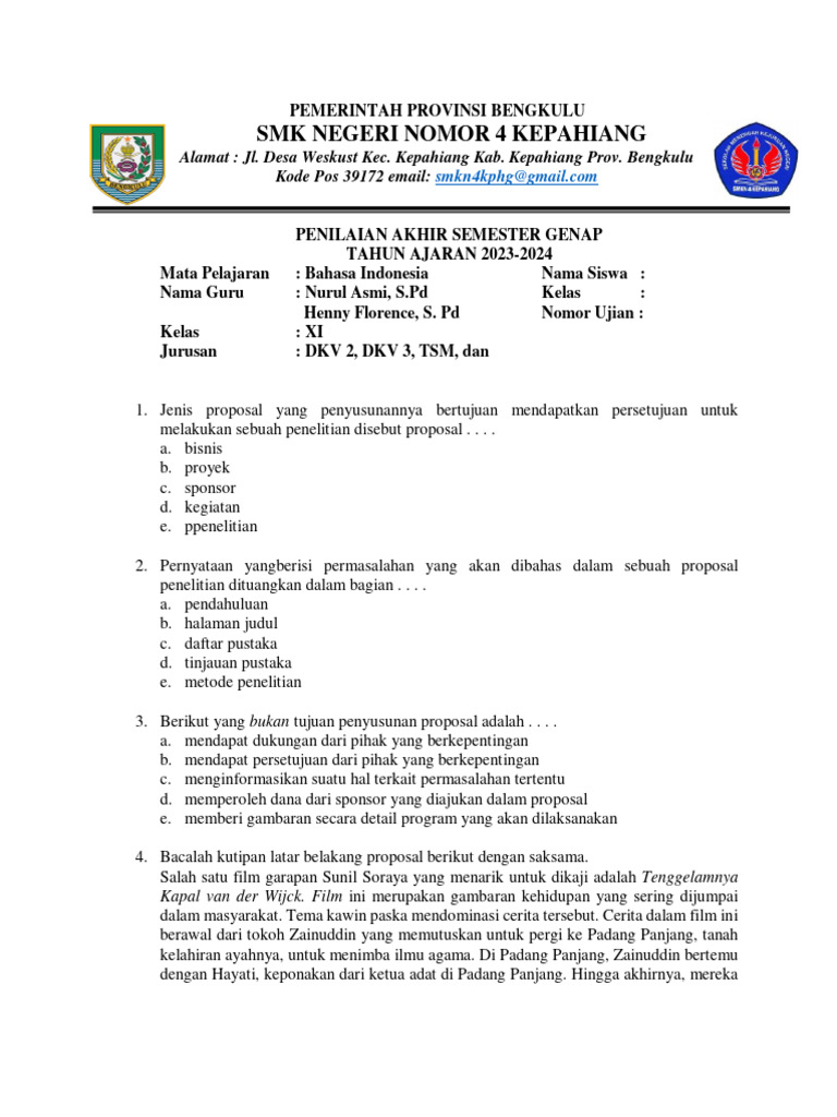 SOAL PILIHAN GANDA KELAS XI BAHASA INDONESIA (NURUL ASMI, S.PD Dan Henny Florence, S.PD) | PDF ...