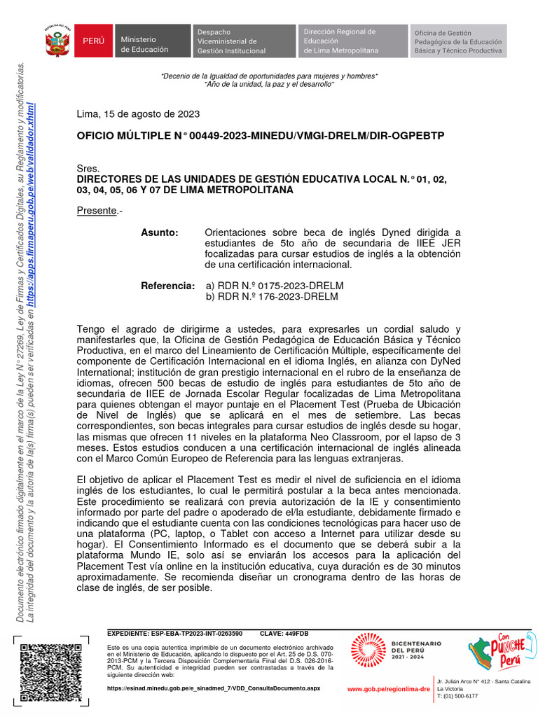 Oficio Multiple-00449-2023-Minedu-Vmgi-Drelm-Dir-Ogpebtp | PDF