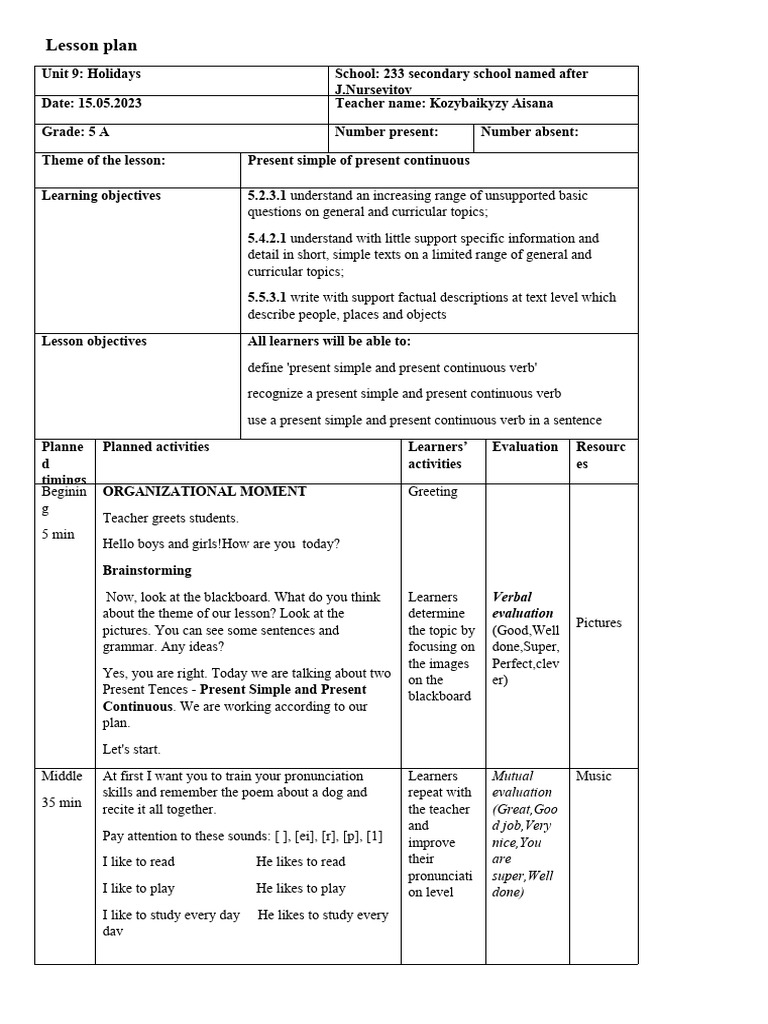 15.05 present simple of present continuous | PDF | Learning | Lesson Plan