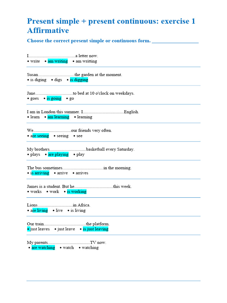 Present Tenses Exercises 1 Multiple Choice Pdf