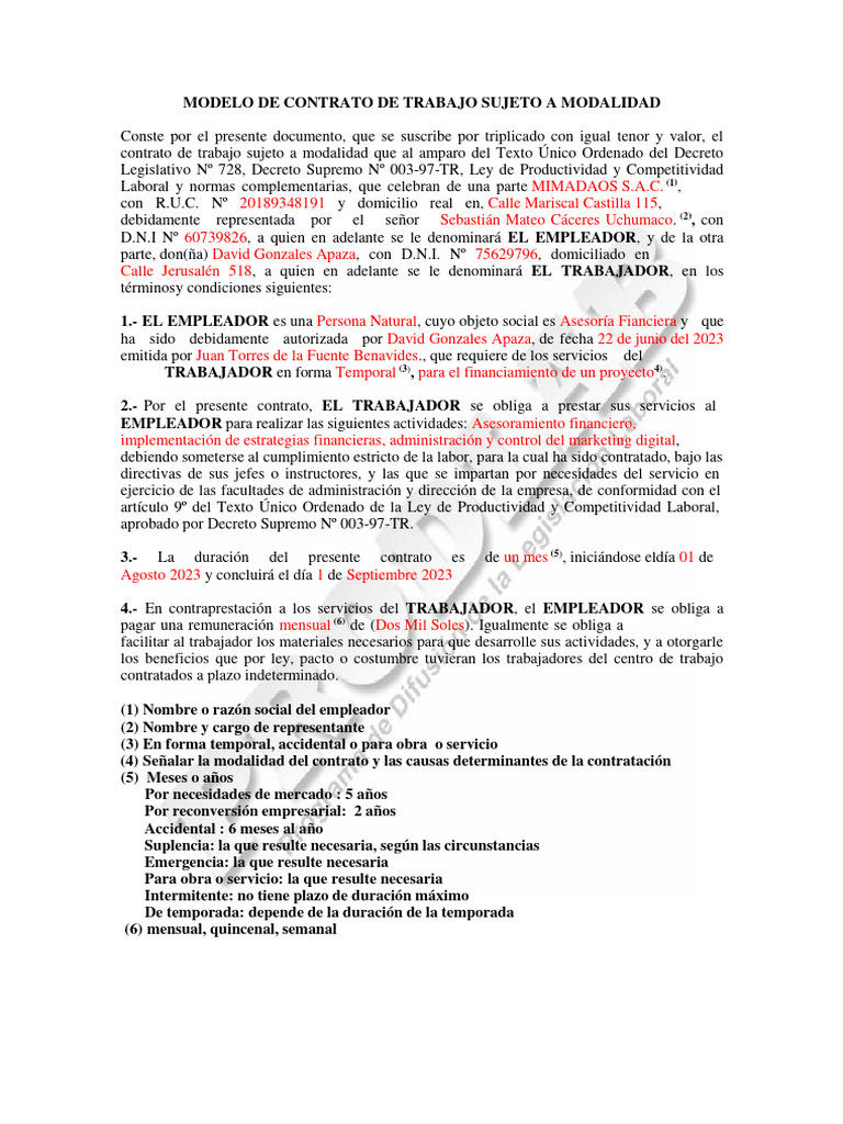 Modelo de Contrato de Trabajo Sujeto A Modalidad | PDF
