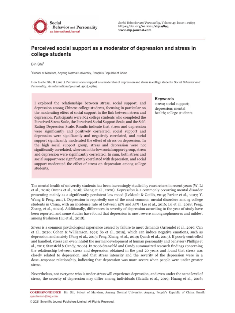 Perceived social support as a moderator of depression and stress in college students | PDF ...