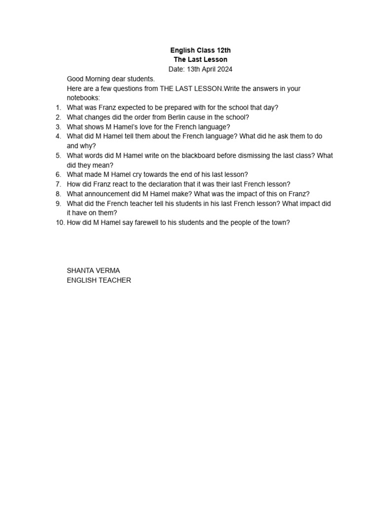 English Class 12th THE LAST LESSON | PDF