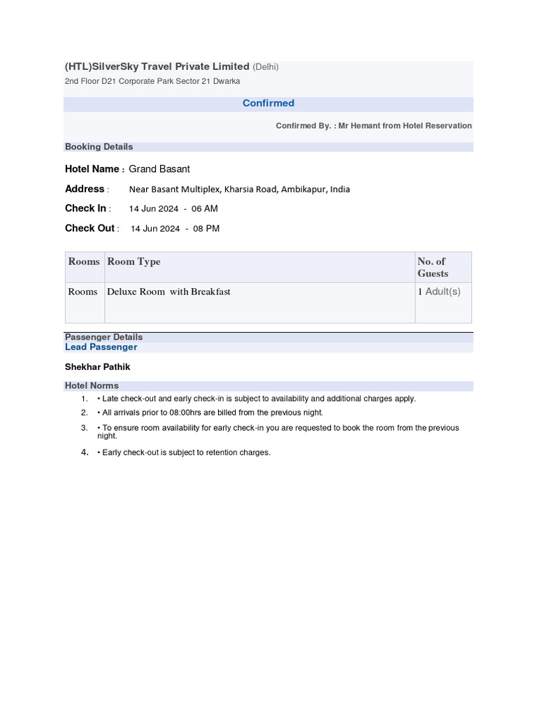 Grand Basant Hotel Booking Confirmation | PDF