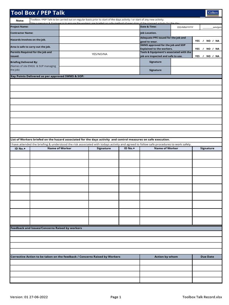 Toolbox Talk Record | PDF | Occupational Safety And Health | Safety