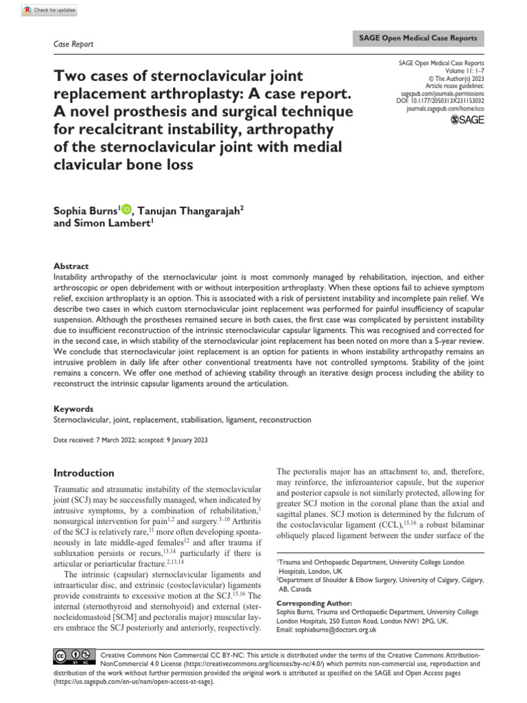 Burns Et Al 2023 Two Cases of Sternoclavicular Joint Replacement ...
