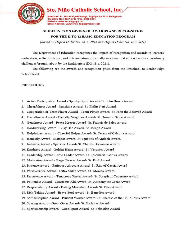 Awards and Recognition - Sy 2023 2024 | PDF | Cognition