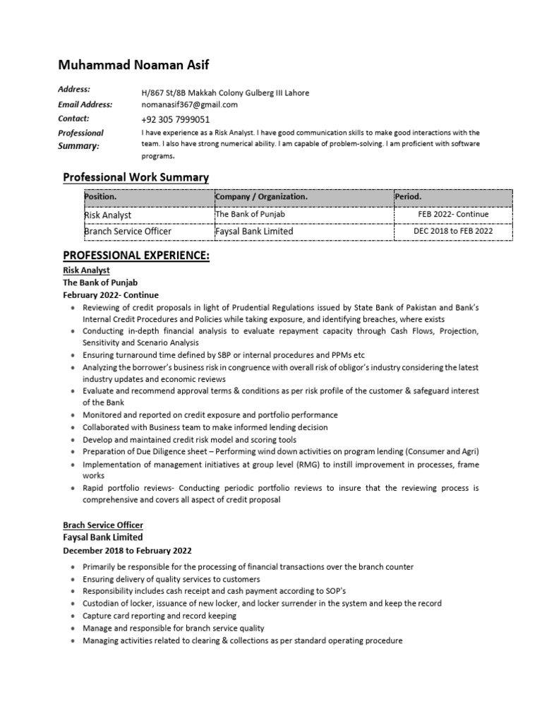 Muhammad Noman Asif Resume | PDF | Banks | Financial Analyst