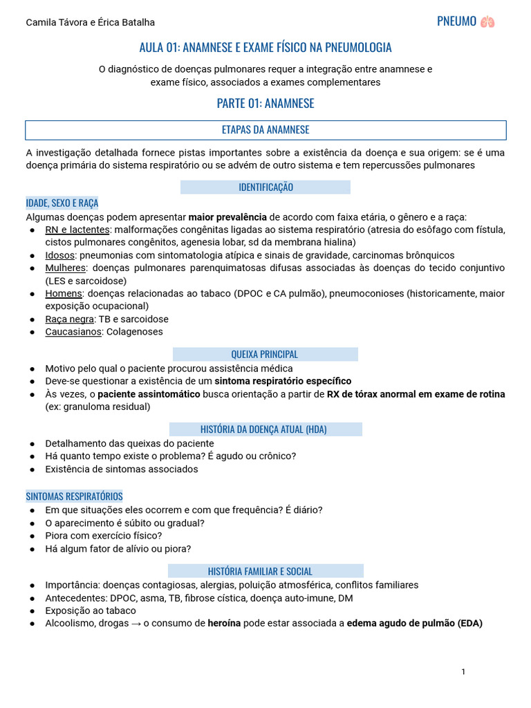 AULA 01 (S1T1) - PNEUMO 1 - Anamnese e Exame Físico | PDF | Doença de ...