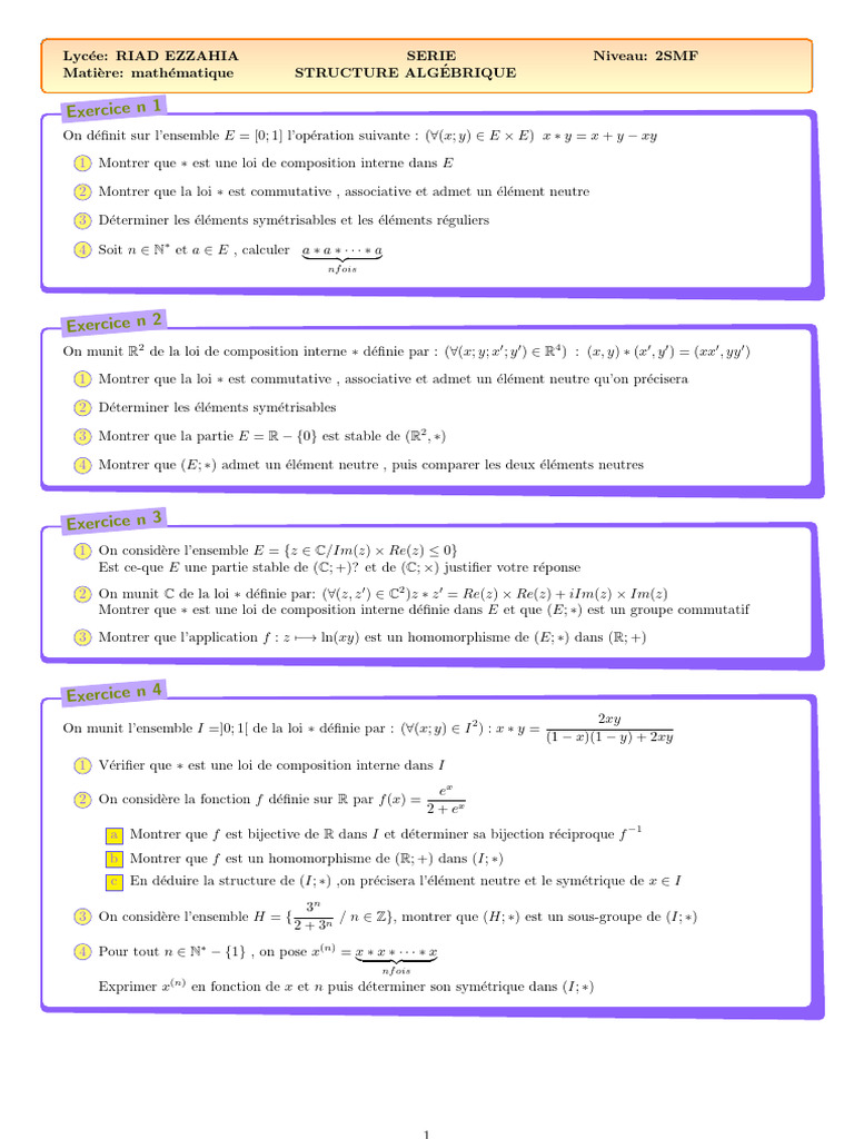 Exercices de structure algébrique 2 SM | PDF | Anneau (mathématiques ...