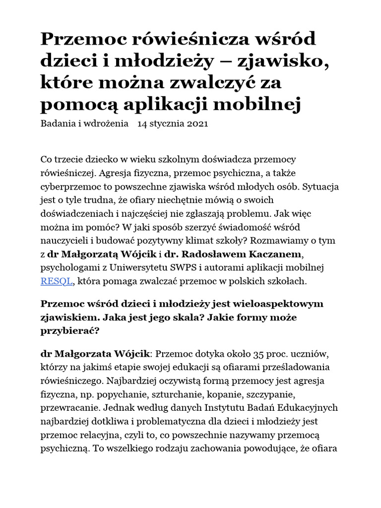 Przemoc Rówieśnicza Wśród Dzieci I Młodzieży - Zjawisko, Które Można ...