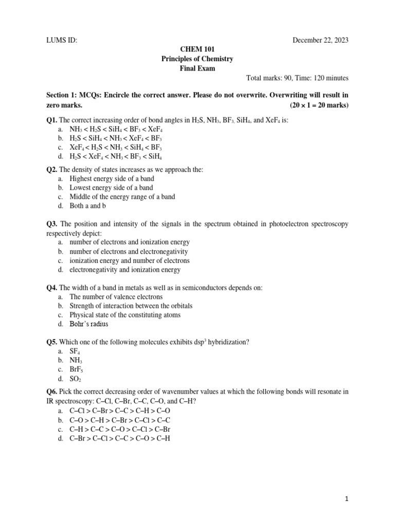 Final Exam 2023 print | PDF | Energy Level | Molecular Orbital