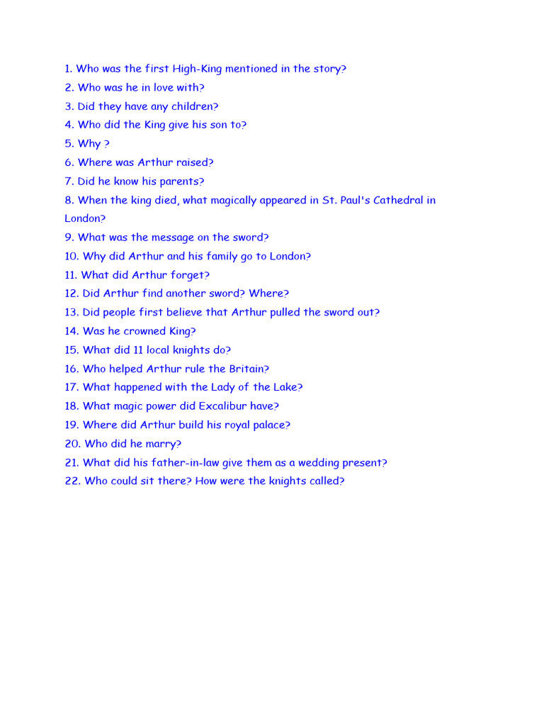 The Legend of King Arthur Questions | PDF