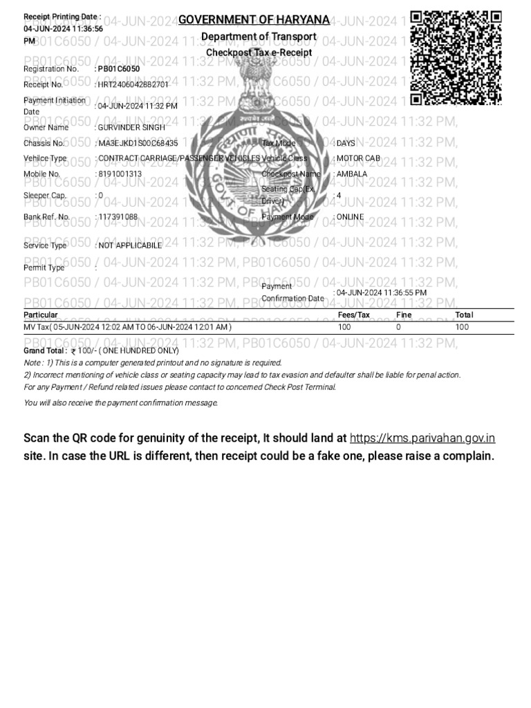 Department of Transport: Checkpost Tax E-Receipt | PDF | Receipt | Vehicles