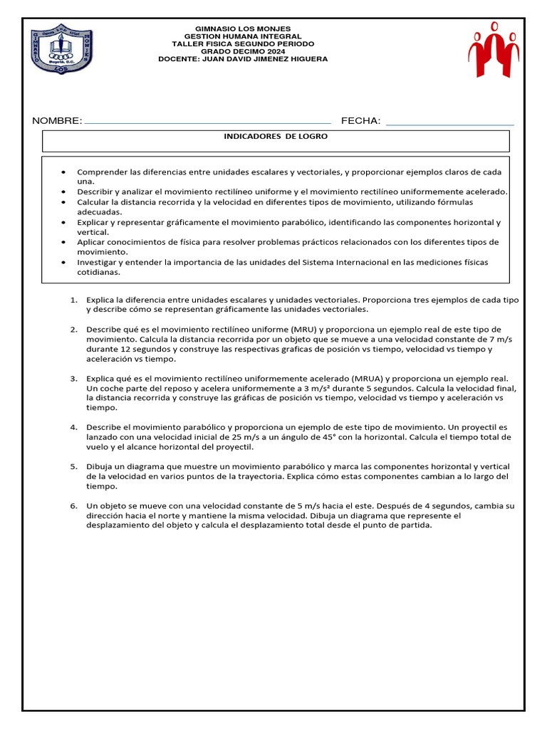 Taller Decimo Segundo Periodo - 240601 - 225312 | PDF | Velocidad | Aceleración