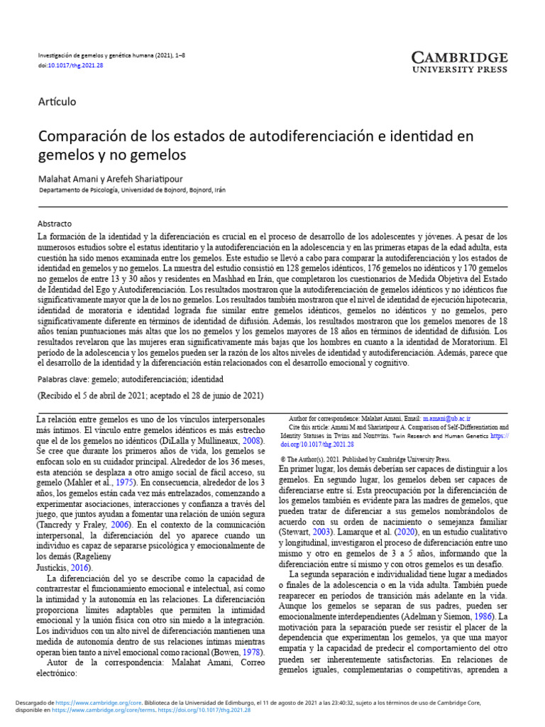 Comparación de Los Estados de Autodiferenciación e Identidad en Gemelos ...