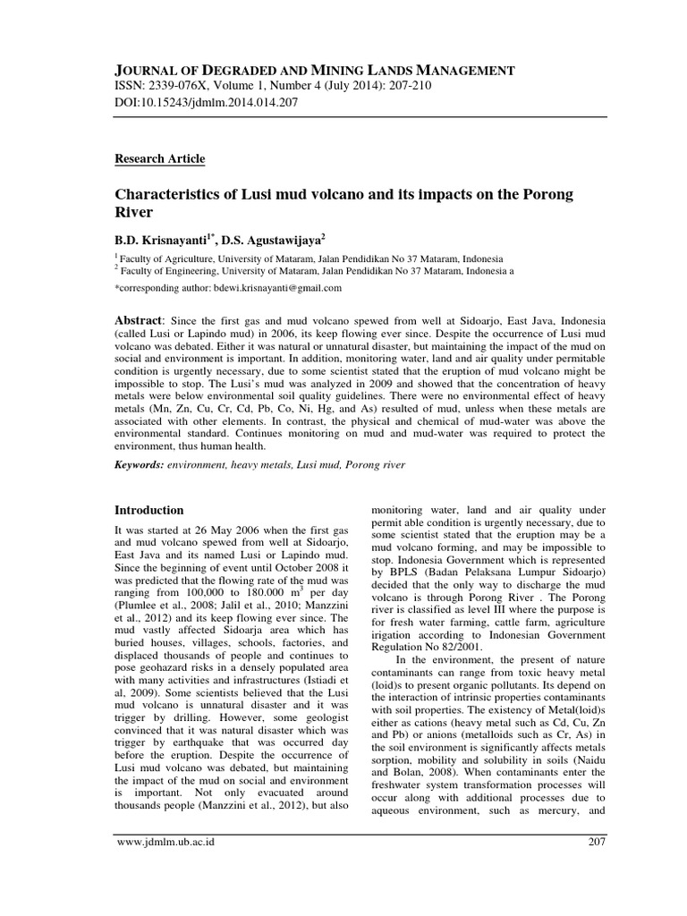 Characteristics of Lusi Mud Volcano and Its Impacts On The Porong River ...
