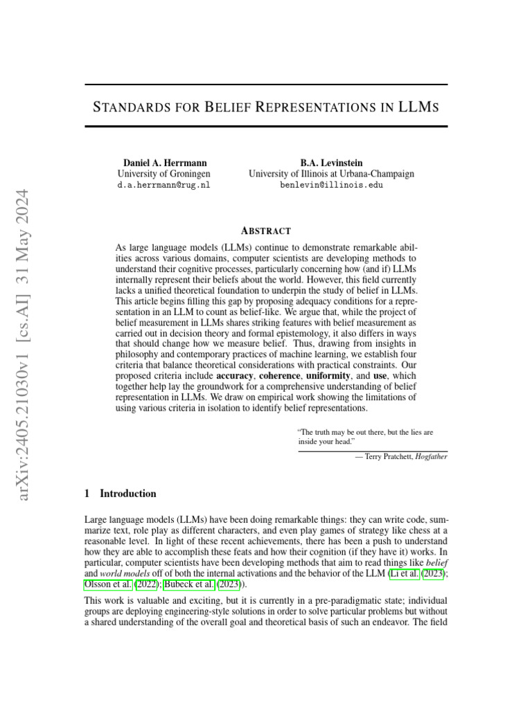 Standards For Belief Representations in LLMS | PDF | Truth | Theory