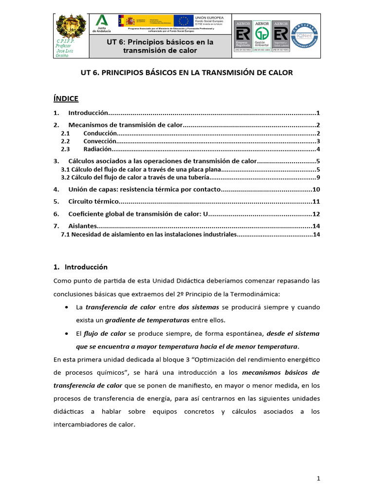 UT 6. - Principios Básicos de Transmisión de Calor | PDF | Conduccion termica | Transferencia de ...