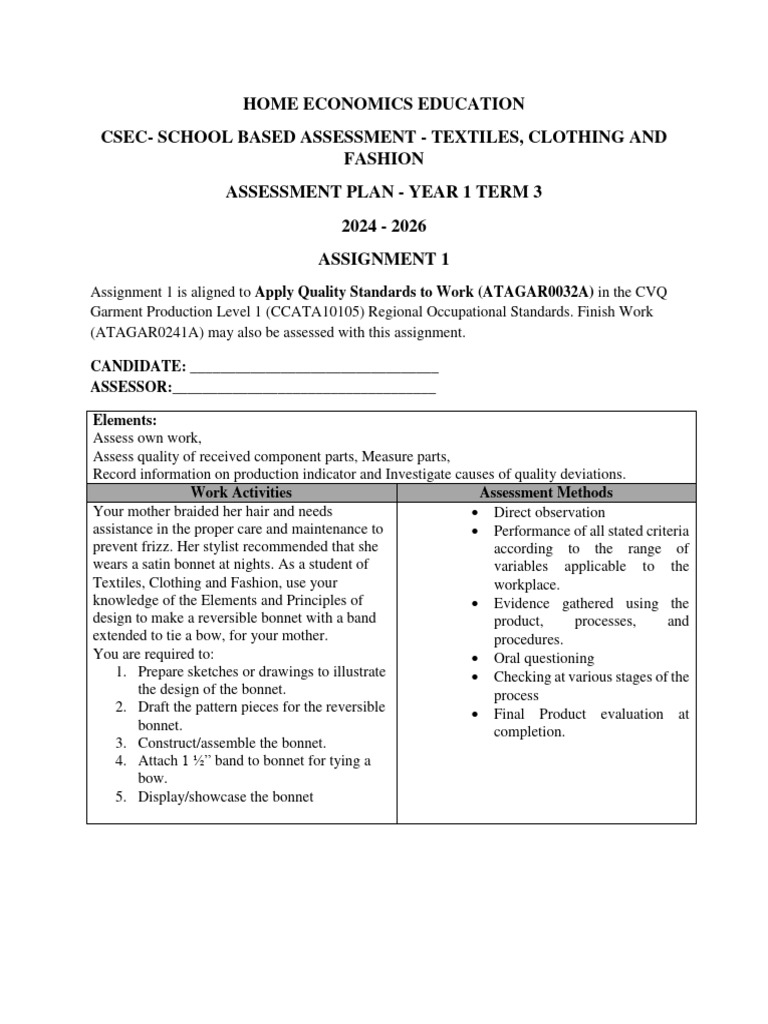 CSEC SBA 1 (Textiles Clothing and Fashion) 2024 - 2026 | PDF | Textiles ...