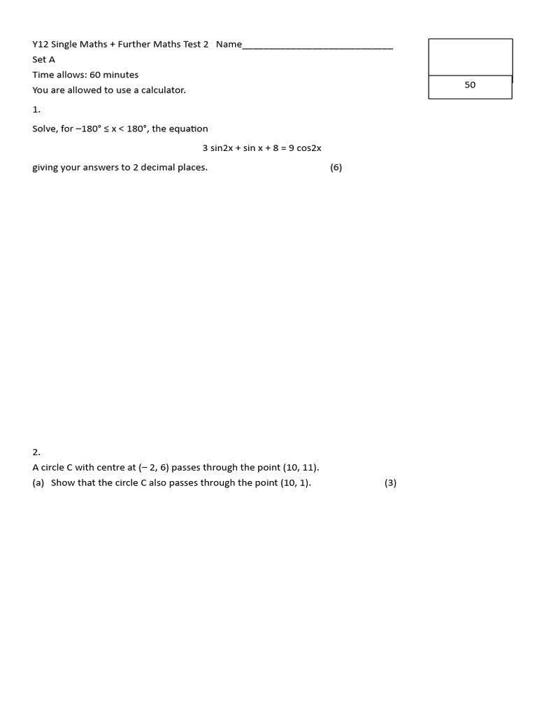 Y12 Single + Further Maths Test 2 Question | PDF
