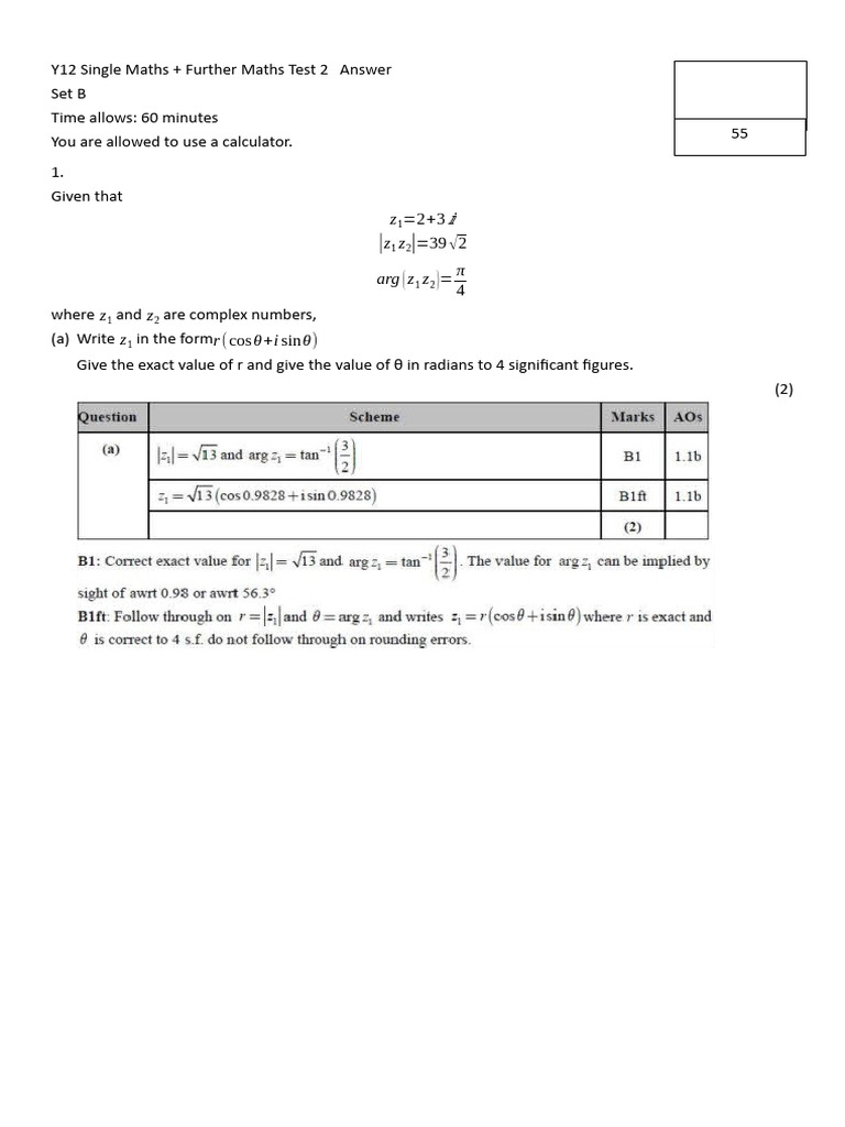 Y12 Single + Further Maths Test 2 Set B Answer | PDF | Equations ...