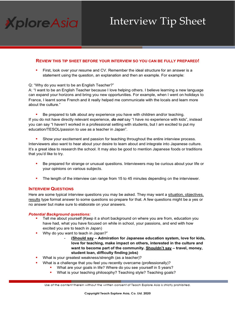 Japan Interview Tip Sheet | PDF | Teachers | Experience