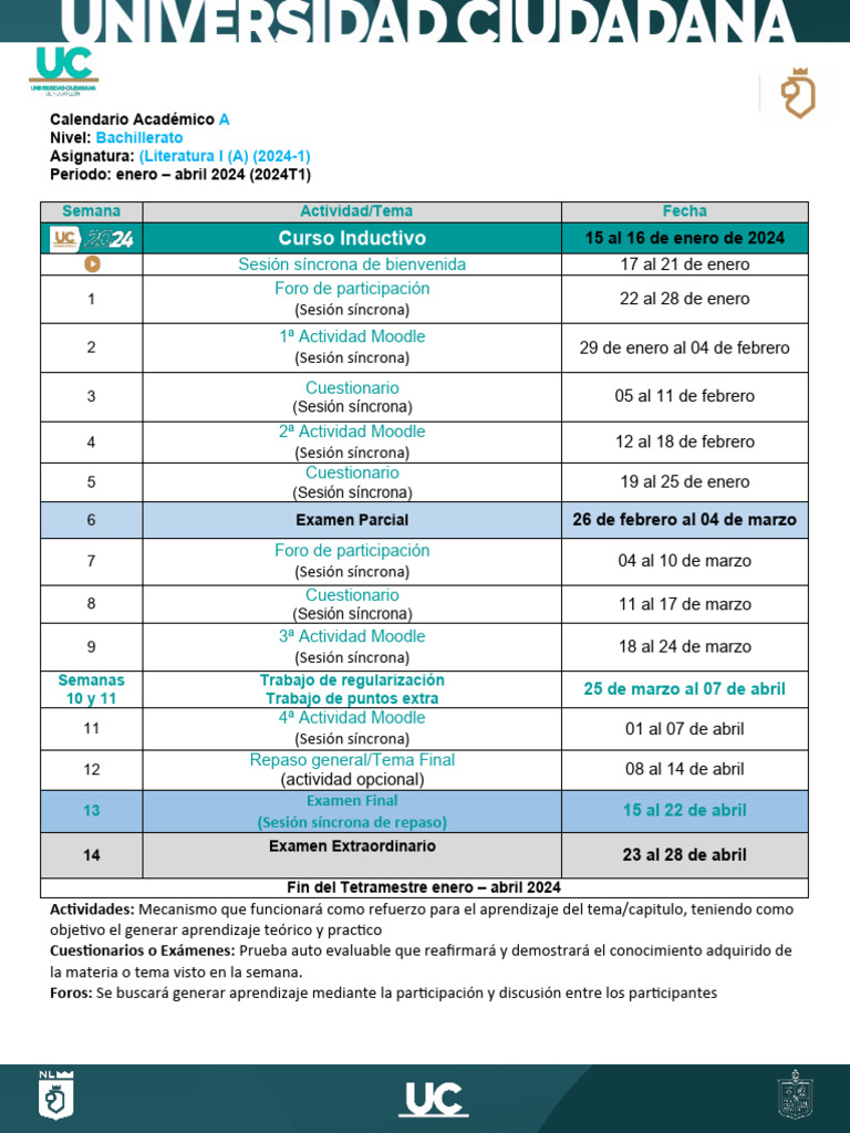 UC 2024 T1 Calendario A | PDF | Moodle