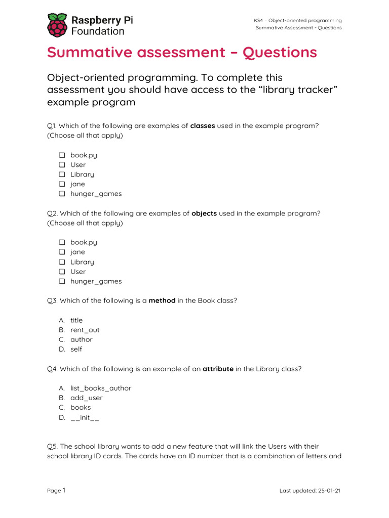 Summative Assessment - OOP - KS4 | PDF | Object Oriented Programming | Method (Computer Programming)