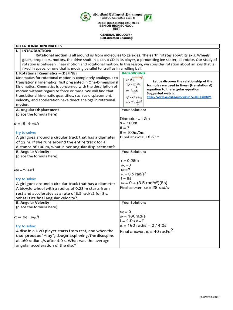 L1-SELF-DIRECTED-LEARNING-GUIDE - Castillo | PDF | Rotation Around A Fixed Axis | Force