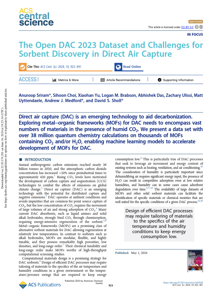 Sriram Et Al 2024 The Open Dac 2023 Dataset and Challenges For Sorbent Discovery in Direct Air ...