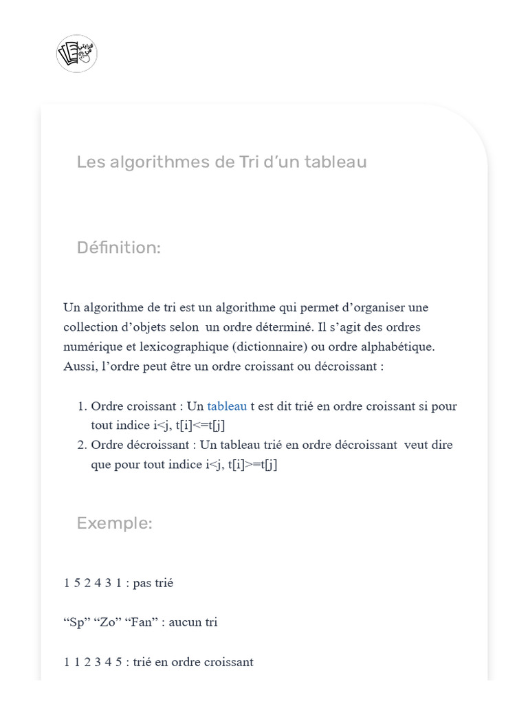 Algorithme de Tri - Ordronner Les Éléments D'un Tableau | PDF ...