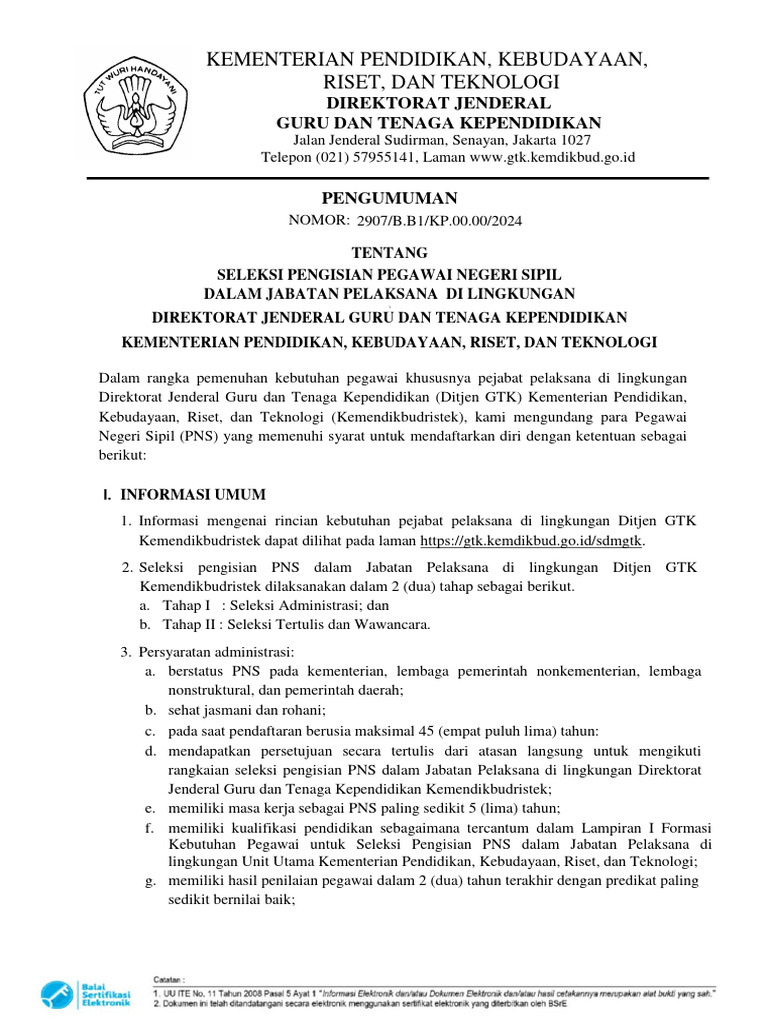 Pengumuman Seleksi Mutasi Pelaksana Ditjen GTK (Revised2) | PDF