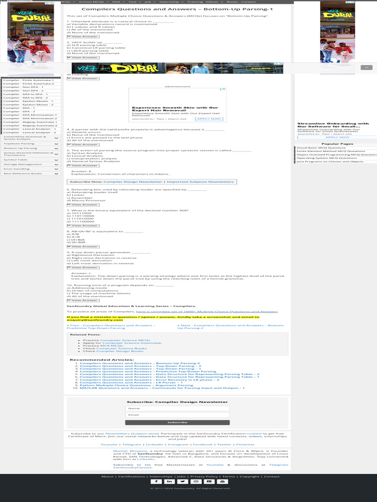 Bottom Up Parsing Compilers Questions And Answers Sanfoundry Pdf Parsing Computer Programming