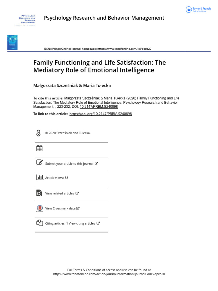 Family Functioning and Life Satisfaction the Mediatory Role of ...