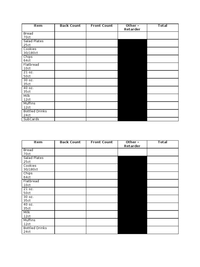 Subway 2011 Front and Back Count Sheet | PDF