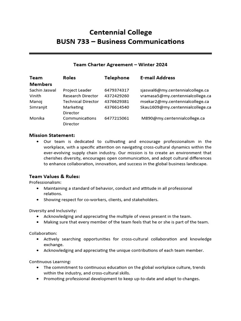 Team Charter for Business Communication | PDF | Communication ...