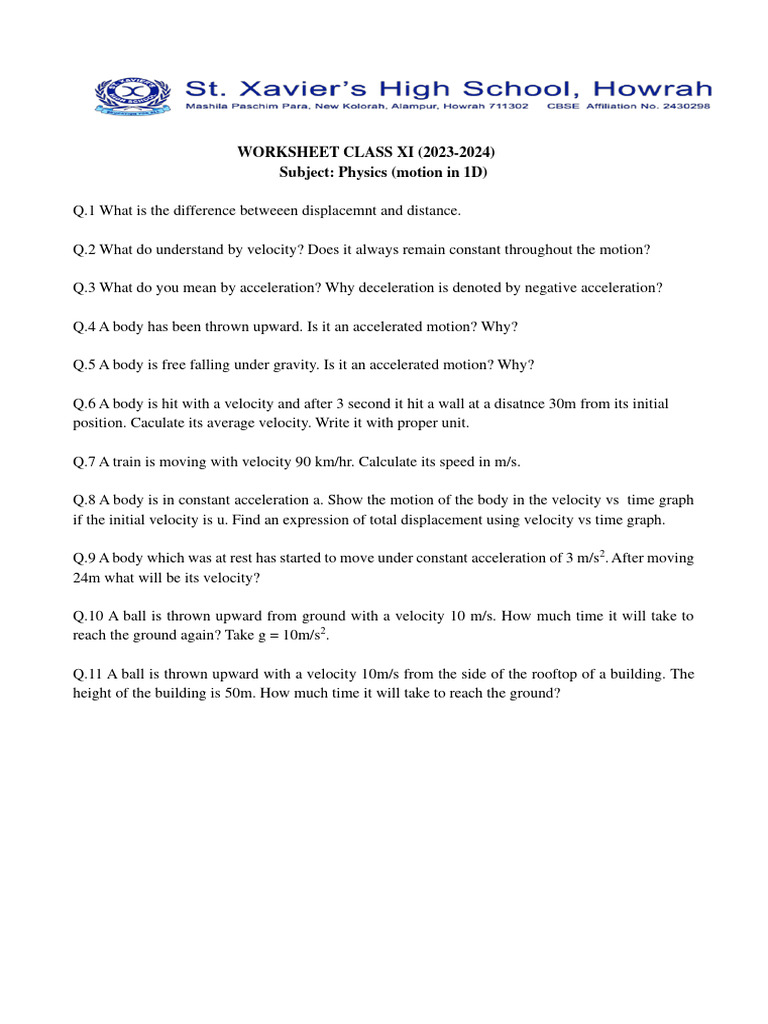 Worksheet - XI - Physics - Motion in 1D | PDF | Teaching Methods ...