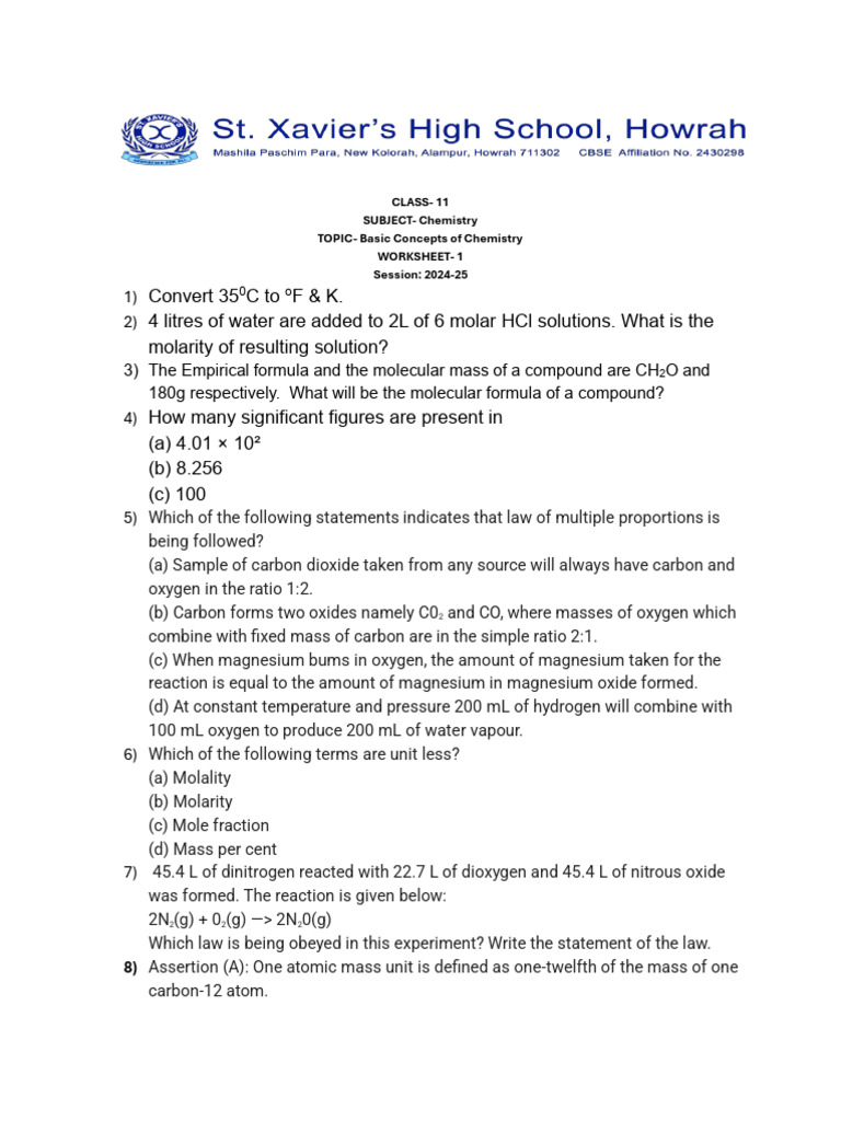 Chemistry Worksheet 1 Class 11 | PDF | Oxygen | Mole (Unit)