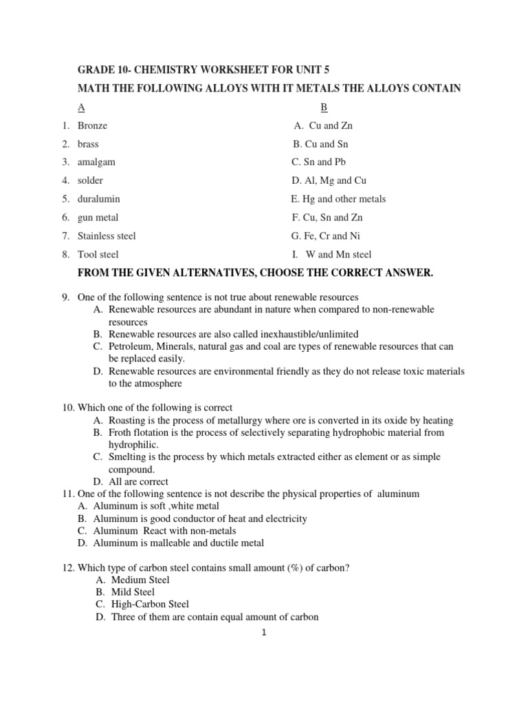 Grade-10 Chemistry Worksheet For Unit-5 | PDF | Metals | Iron
