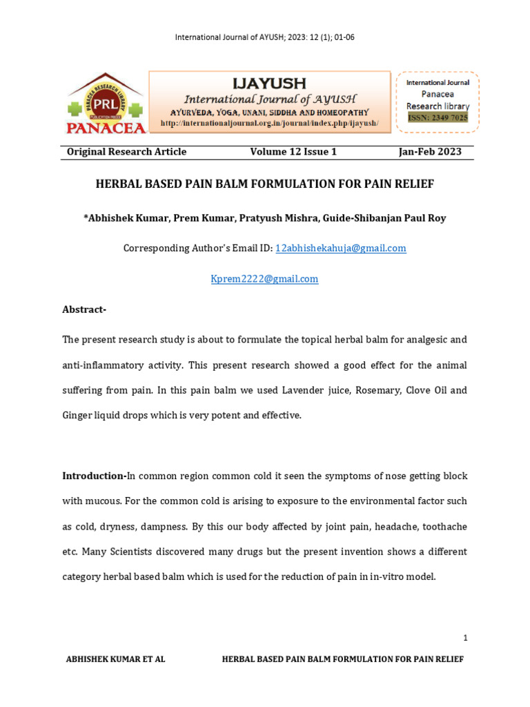 Herbal Based Pain Balm Formulation For Pain Relief | PDF | Pain ...