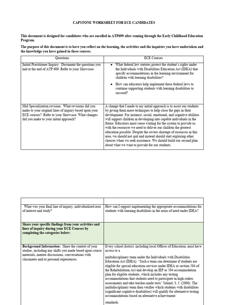 ECE 699 Capstone Reflection Worksheet | PDF | Special Education ...