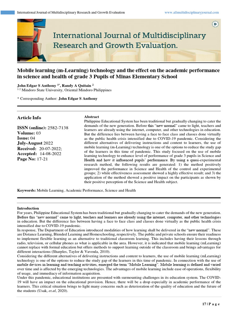 Mobile Learning (M-Learning) Technology and The Effect On The Academic Performance in Science ...