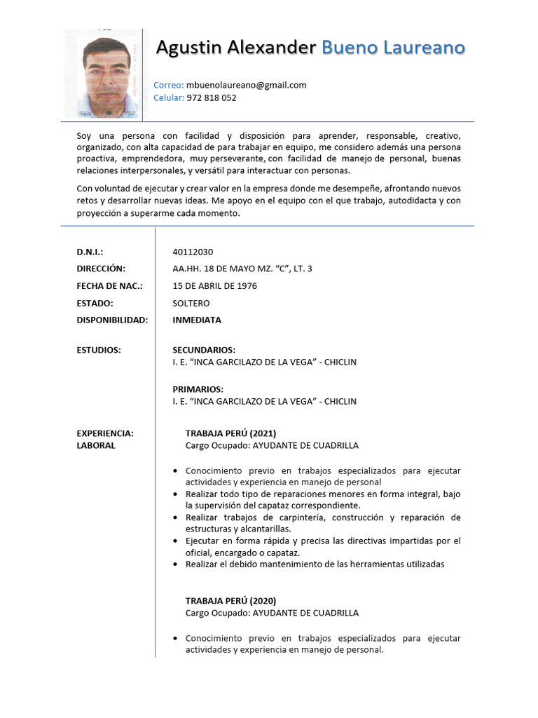 Cv. Bueno Laureano - Ayudante | PDF
