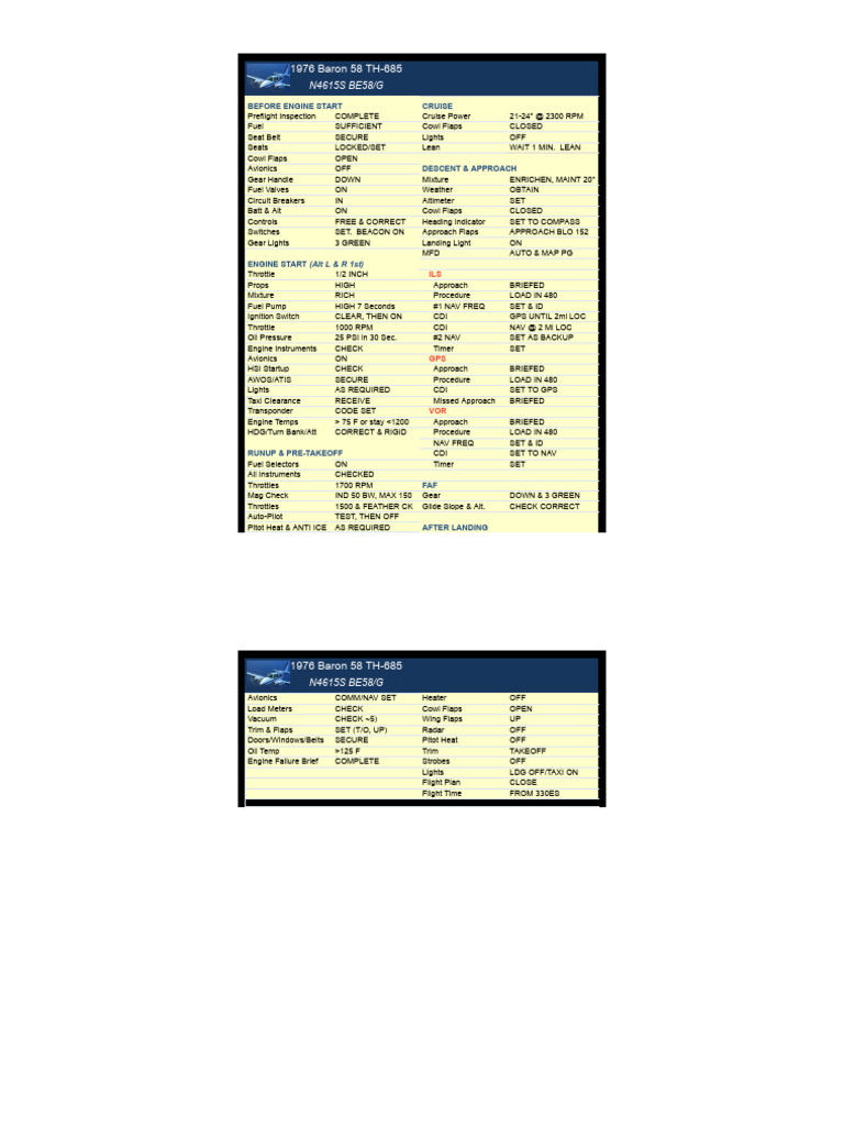 1976 Baron 58 Preflight Checklist | PDF | Aviation | Aircraft