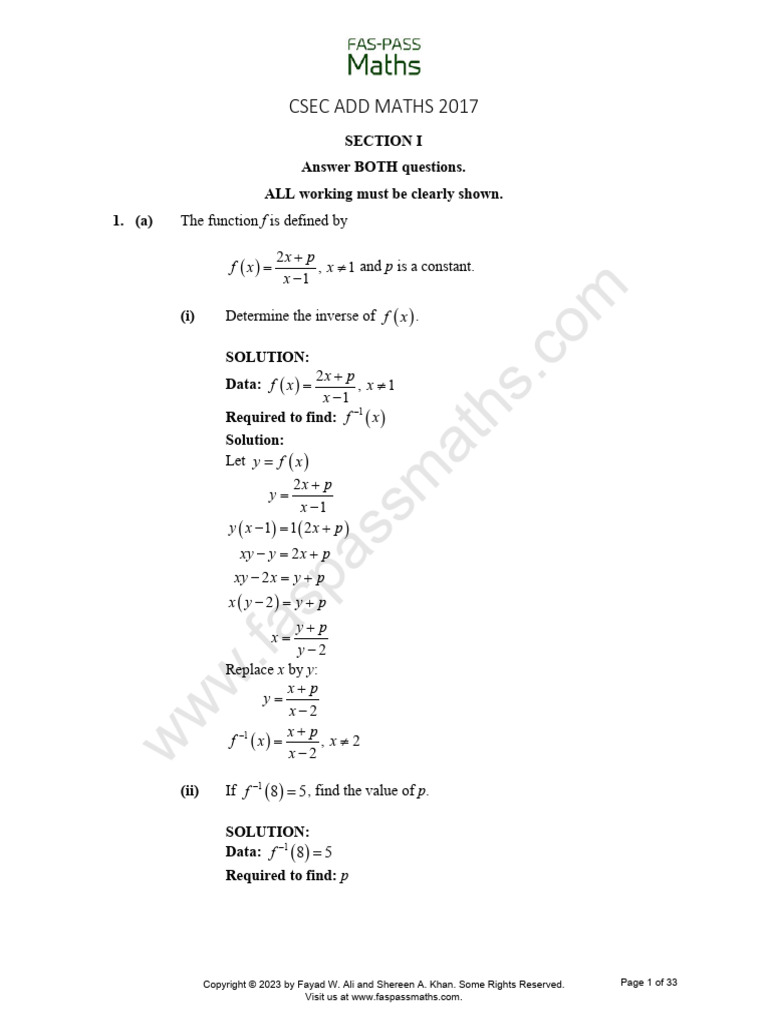 CSEC Add Maths 2017 May Past Paper Solutions | PDF | Quadratic Equation ...